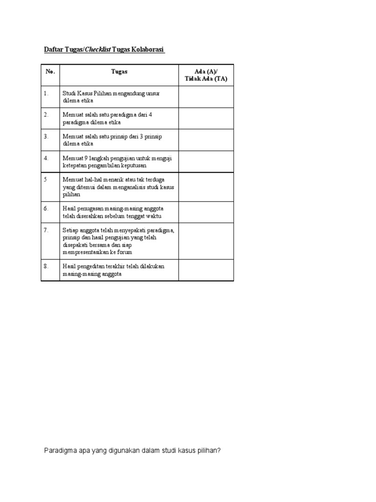 Daftar Tugas - Checklist Tugas Kolaborasi | PDF