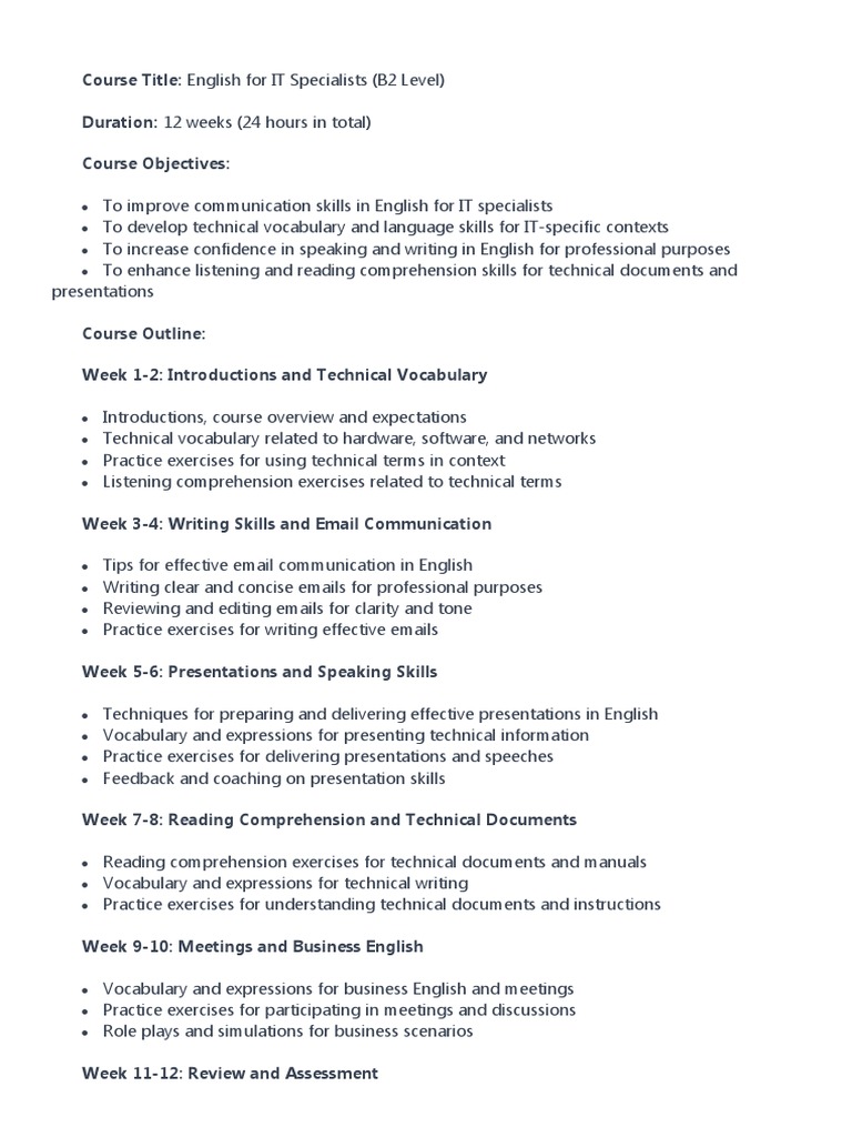 English For IT Specialists B2 (Course Plan) | PDF | Reading ...