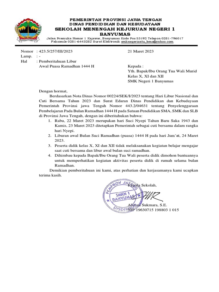Pemberitahuan Libur Awal Ramadhan 1444 H | PDF