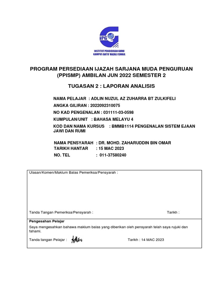 BM4 T2 BMMB1114 Adlin Nuzul Az Zuharra BT Zulkifeli | PDF