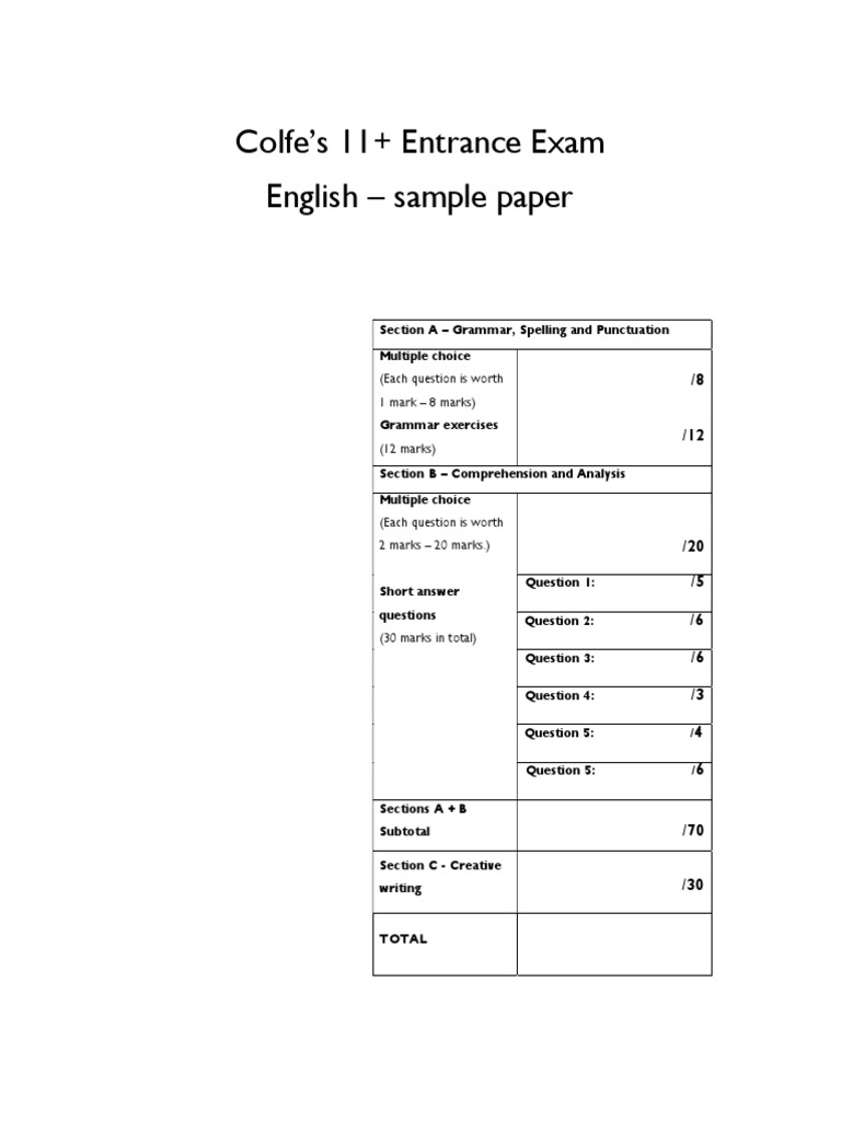Colfes School 11 Plus Entrance Exam Sample Paper 2018 | PDF | Clause | Verb