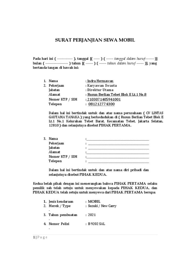 Contoh Surat Perjanjian Sewa Mobil FH UII | PDF