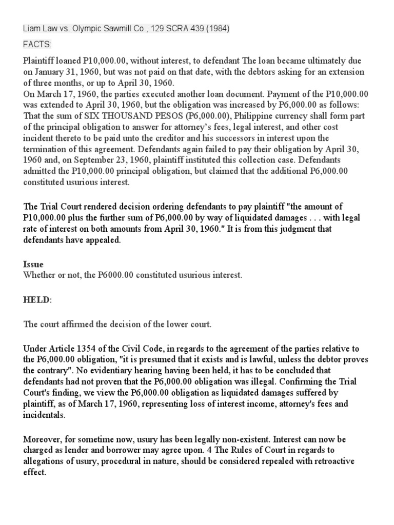 Liam Law vs. Olympic Sawmill Co. | PDF