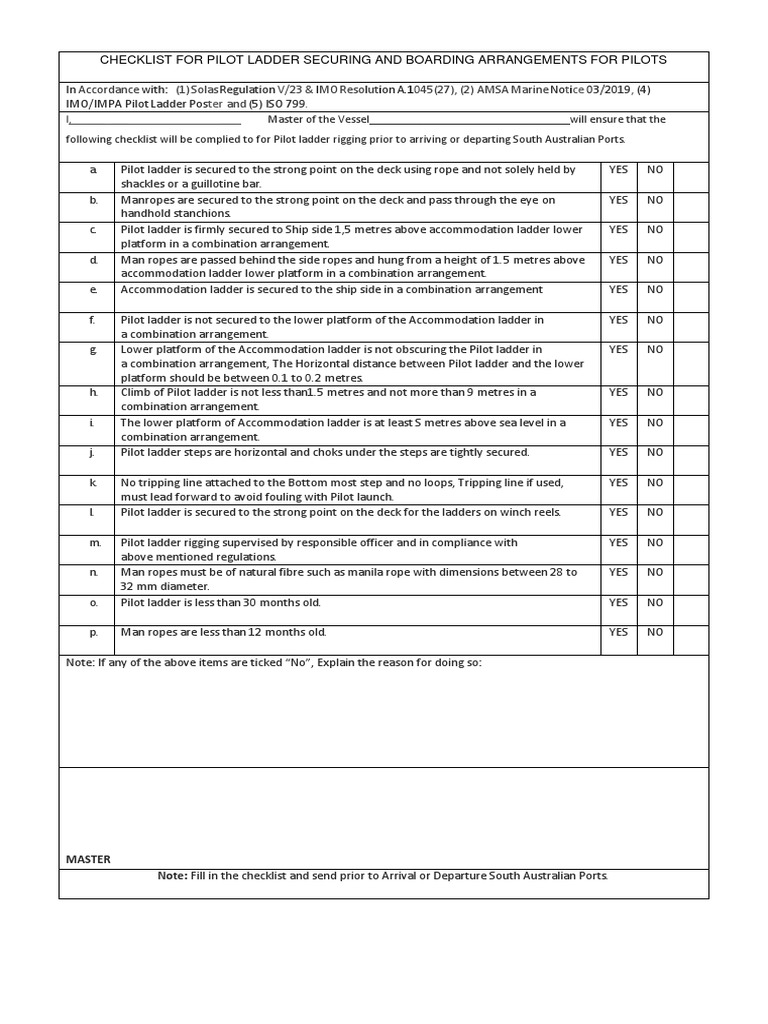 Pilot Ladder Boarding Checklist | PDF | Rope | Watercraft