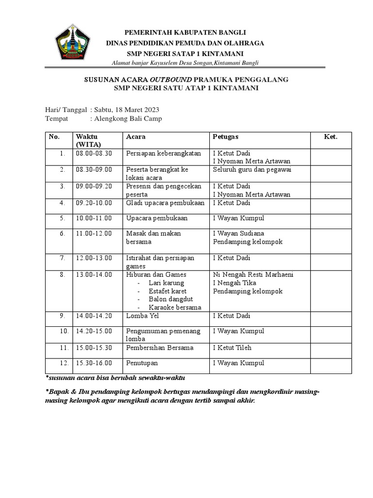 Susunan Acara Outbound: Hari/ Tanggal: Sabtu, 18 Maret 2023 Tempat ...