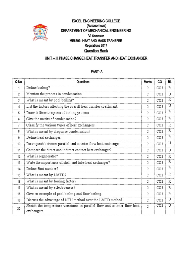 Question Bank Format - HMT Unit 3 | PDF | Heat Exchanger | Heat Transfer
