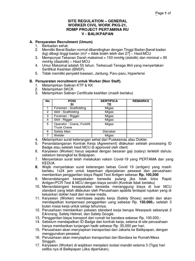 Regulasi Kerja General Worker RDMP Balikpapan | PDF