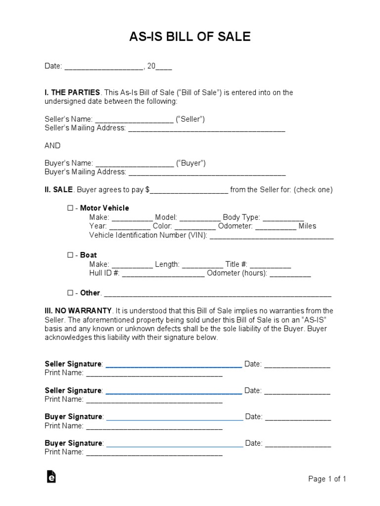 As Is Bill of Sale Template | PDF