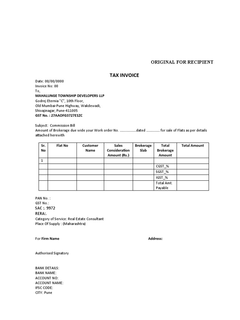 Mahalunge Brokerage Invoice Format | PDF