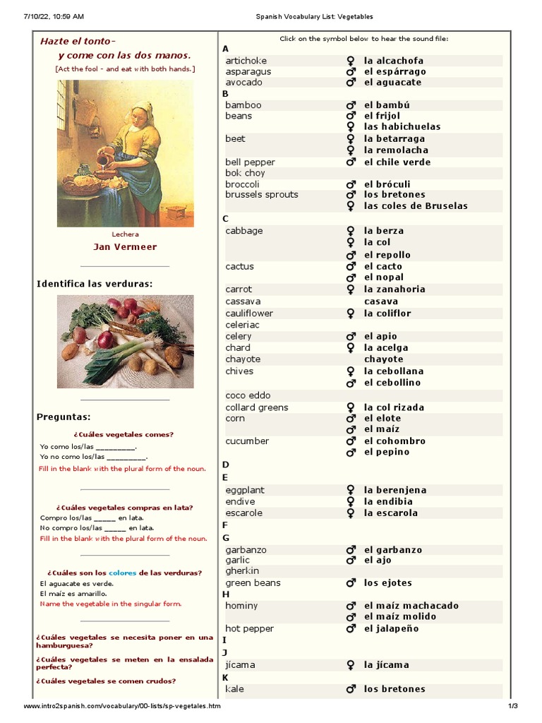 Spanish Vocabulary List - Vegetables | PDF | Hoja | Cultivos