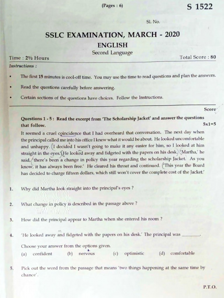 ENGLISH Question Paper SSLC Exam March 2020 | PDF ENGLISH Question Paper SSLC Exam March 2020 | PDF