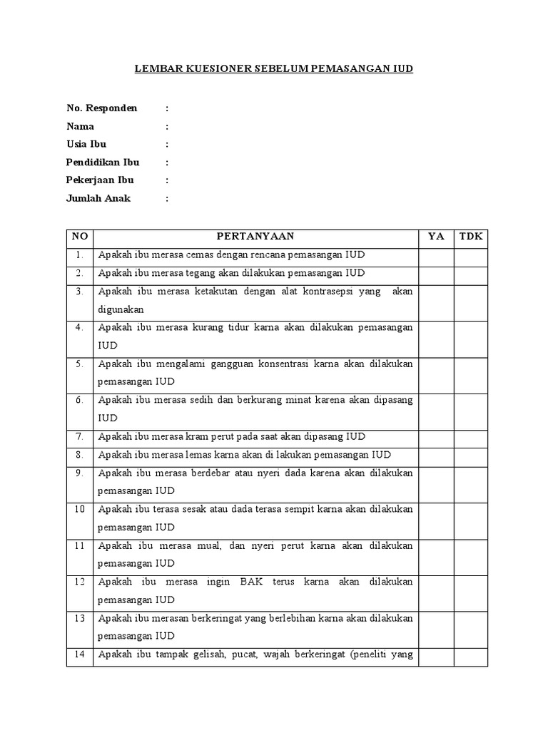 Kuesioner Pemasangan IUD untuk Ibu | PDF