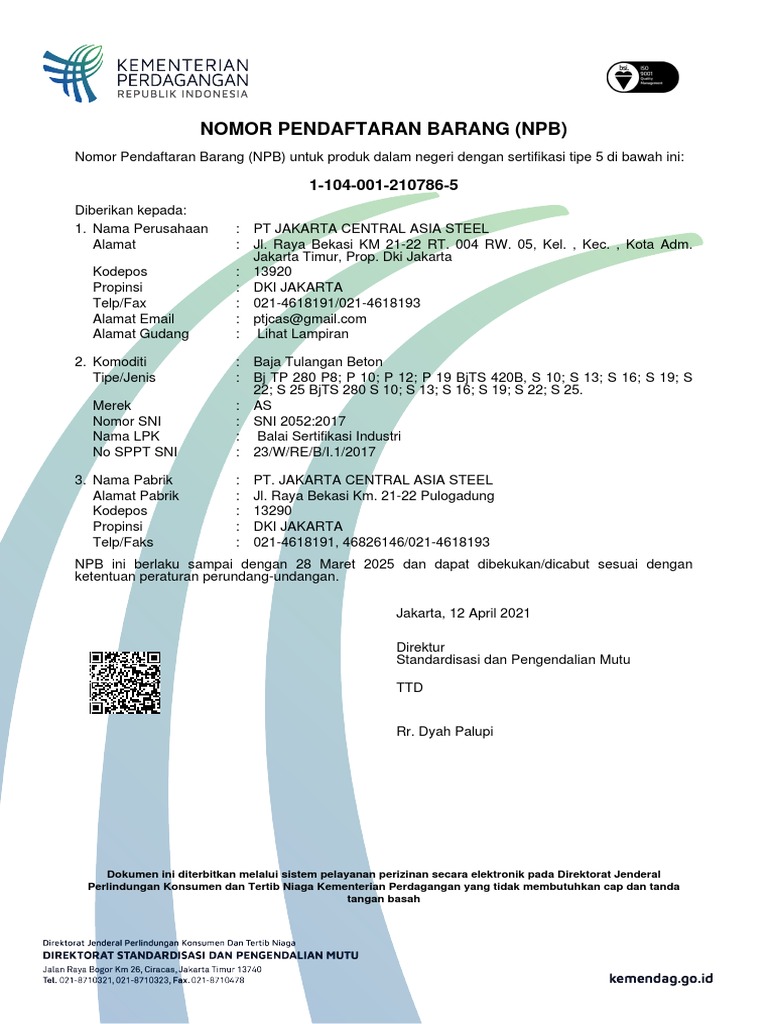 NPB Baja Tulangan PT JCAS SNI 2052:2017 | PDF