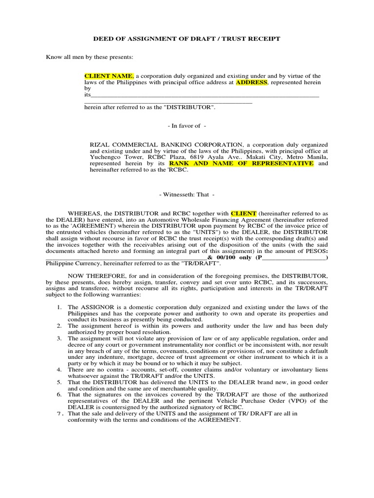 Deed of Assignment of Draft TR Receipt | PDF | Civil Law (Legal System ...