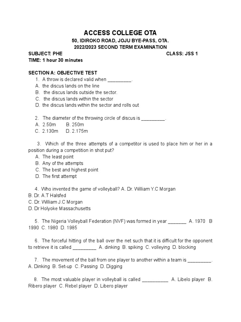 JSS 1 Second Term Exam Questions Access College Ota | Download Free PDF ...