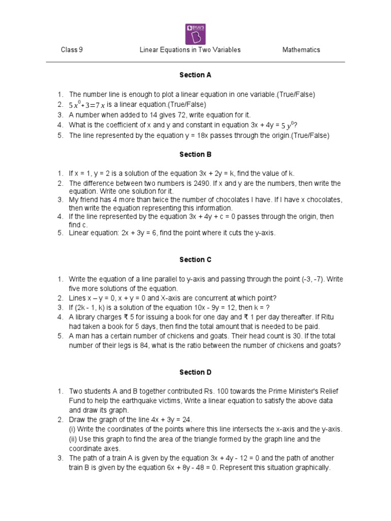 Linear Equations in Two Variables | PDF | Equations | Mathematical Analysis
