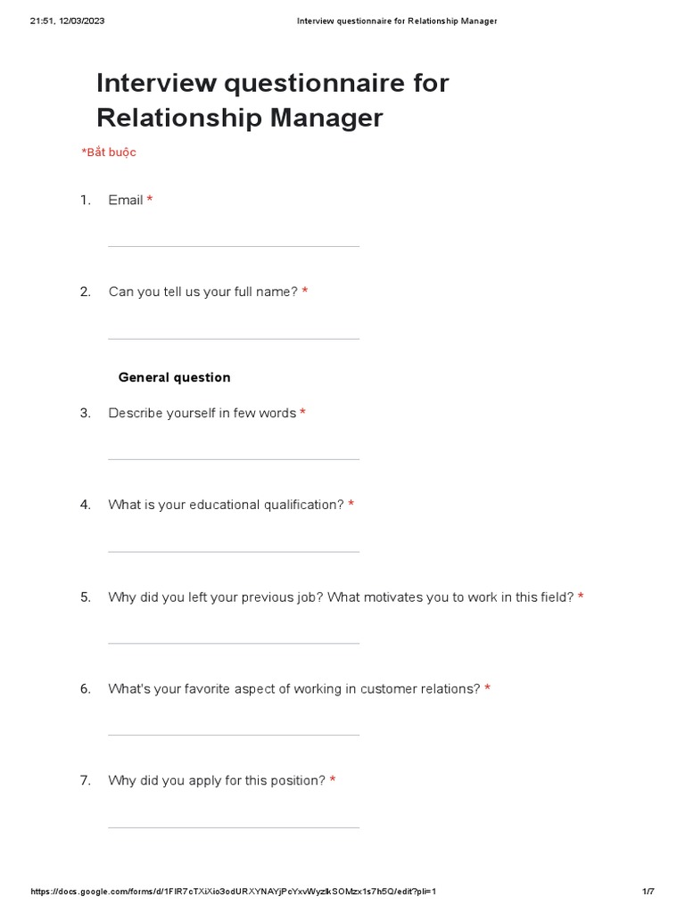 Interview questionnaire for Relationship Manager Google Biểu mẫu PDF ...
