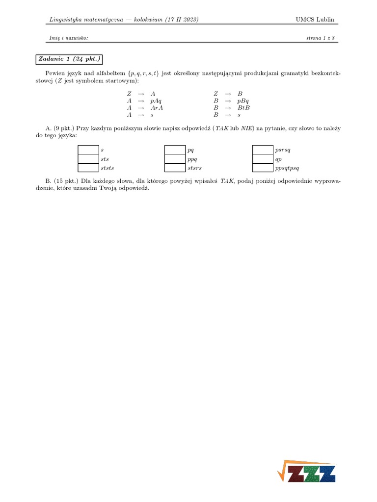 ZZZ 2023 02 17 Kolokwium | PDF