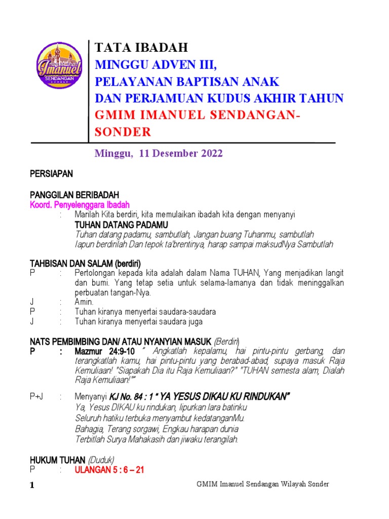 Ibadah Adven III: Baptisan Anak dan Perjamuan Kudus | PDF