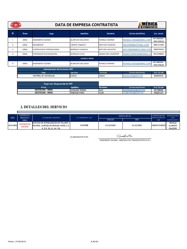 R32-002-19 DATA DE CONTACTO CONTRATISTA - AMERICA Act | PDF