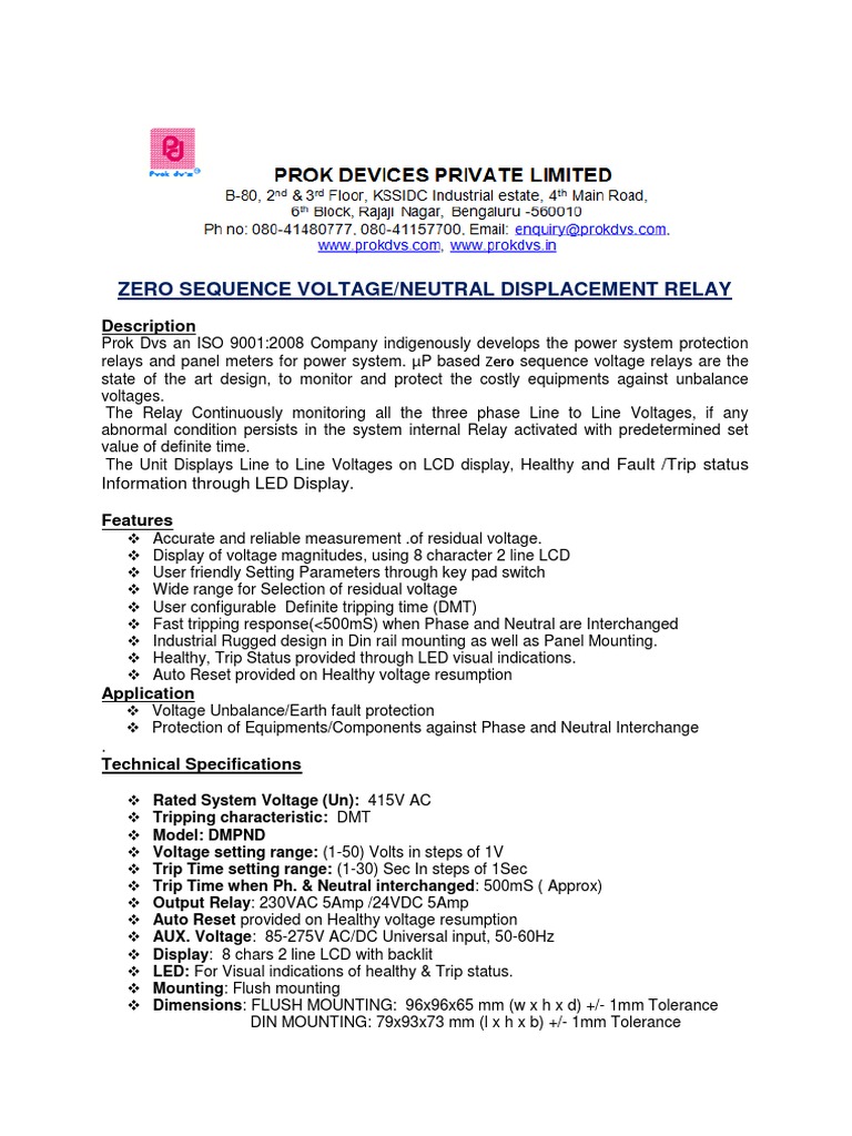 Numerical Residual Voltage - Neutral Displacement Relay | PDF | Relay ...