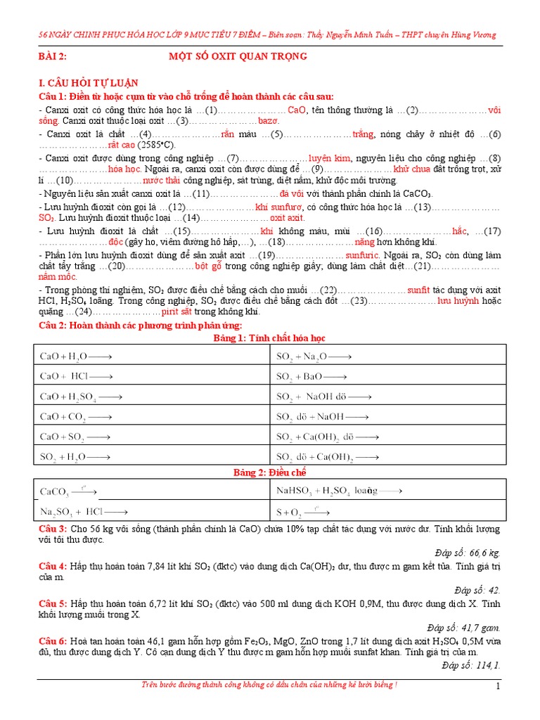 BÀI 2 - MỘT SỐ OXIT QUAN TRỌNG - ĐÁP ÁN | PDF