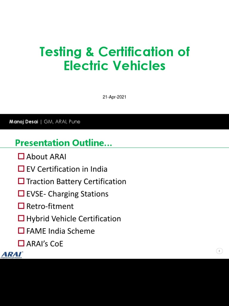 ARAI - Testing & Certification of EVs | PDF | Battery Charger ...