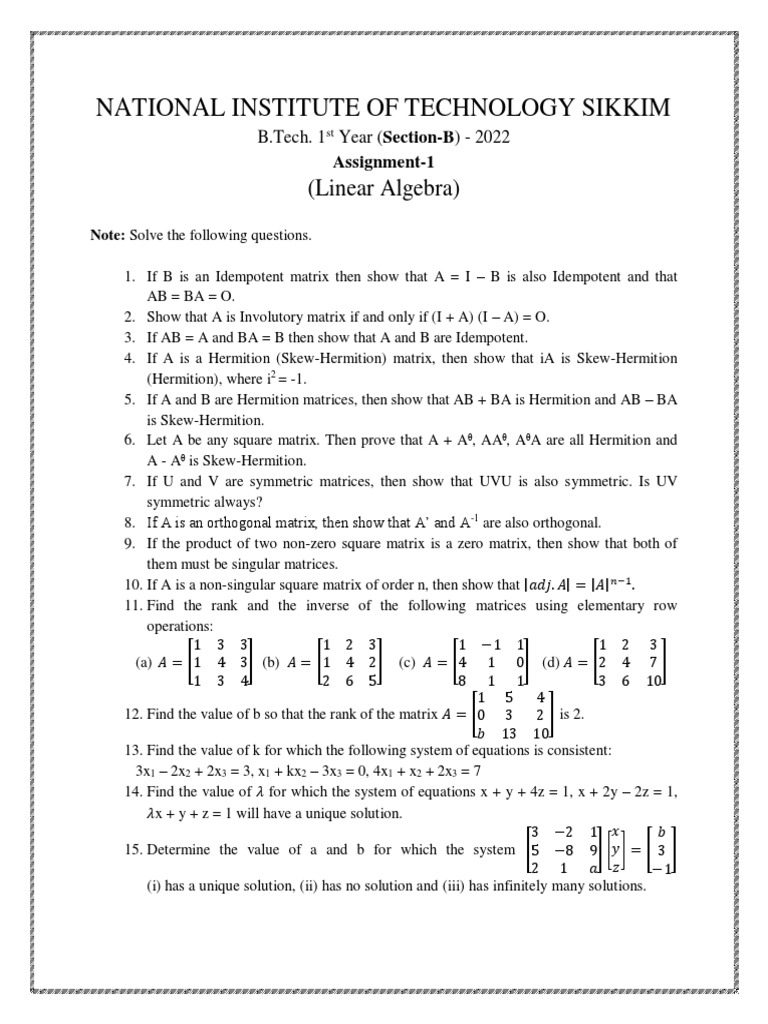 Assignment-1 (Linear Algebra) | PDF | Matrix (Mathematics) | Linear Map