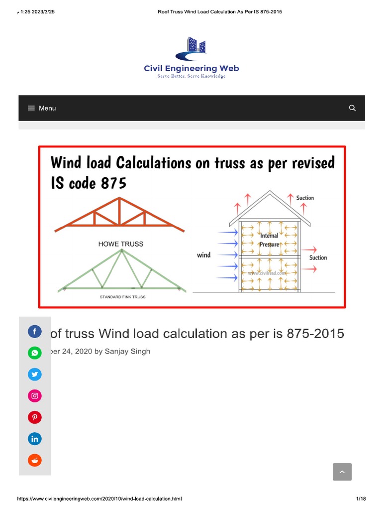 Roof Truss Wind Load Calculation As Per IS 875-2015 | PDF