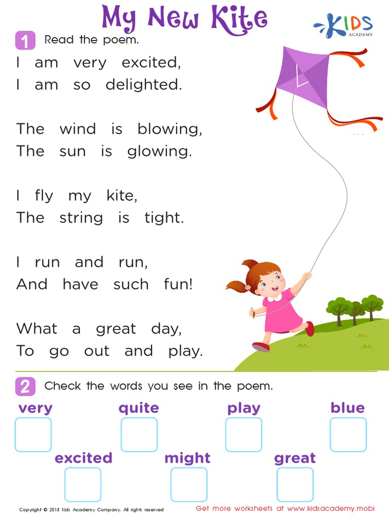 Grade 1 Poem My New Kite Worksheet PDF | PDF