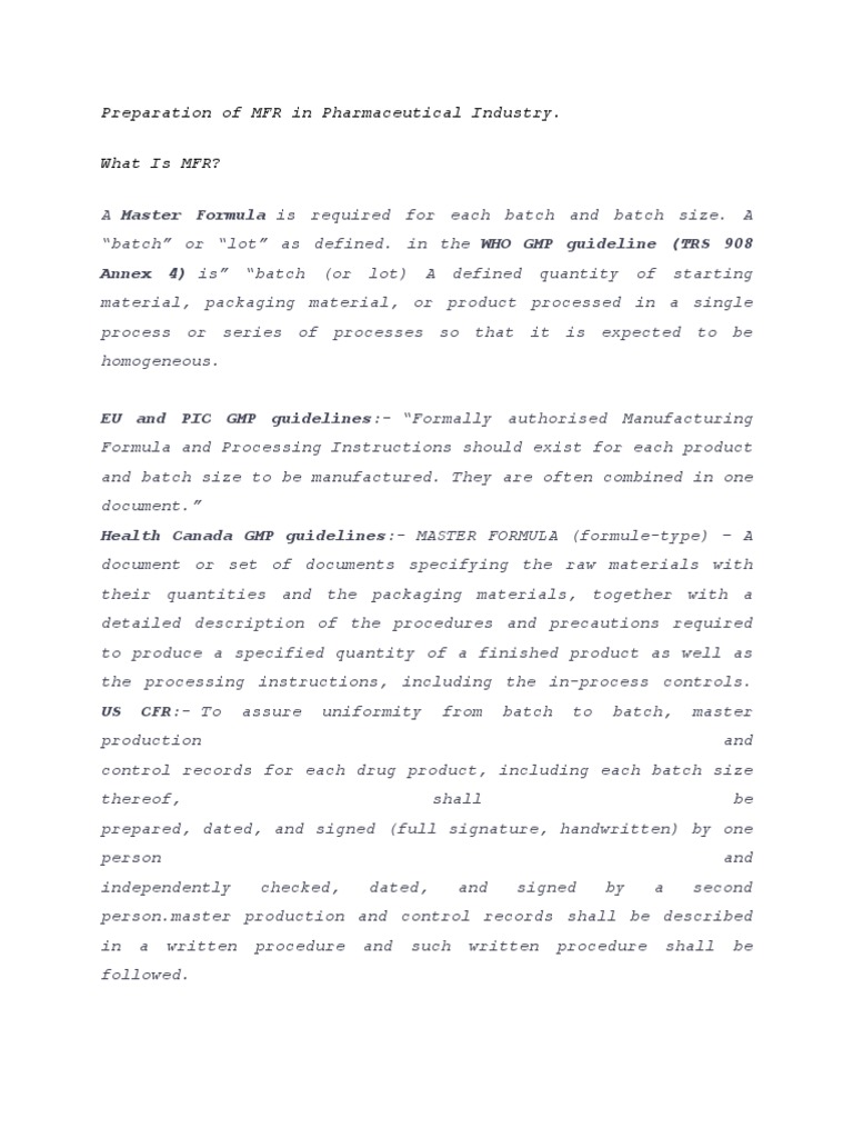 Preparation of MFR in Pharmaceutical Industry. | PDF | Physical Sciences