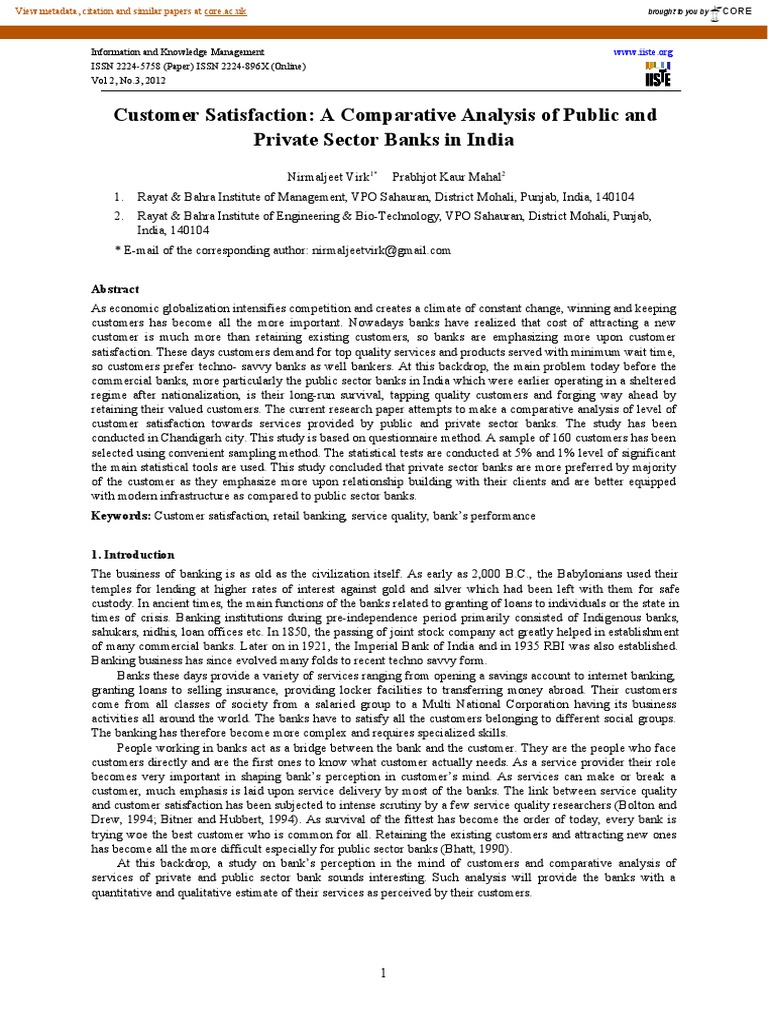 Customer Satisfaction: A Comparative Analysis of Public and Private Sector Banks in India | PDF ...