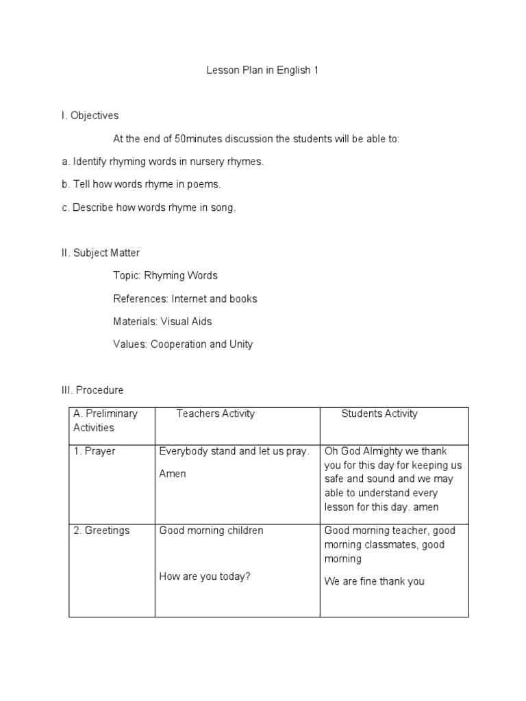Lesson Plan on Identifying Rhyming Words in Nursery Rhymes and Songs ...