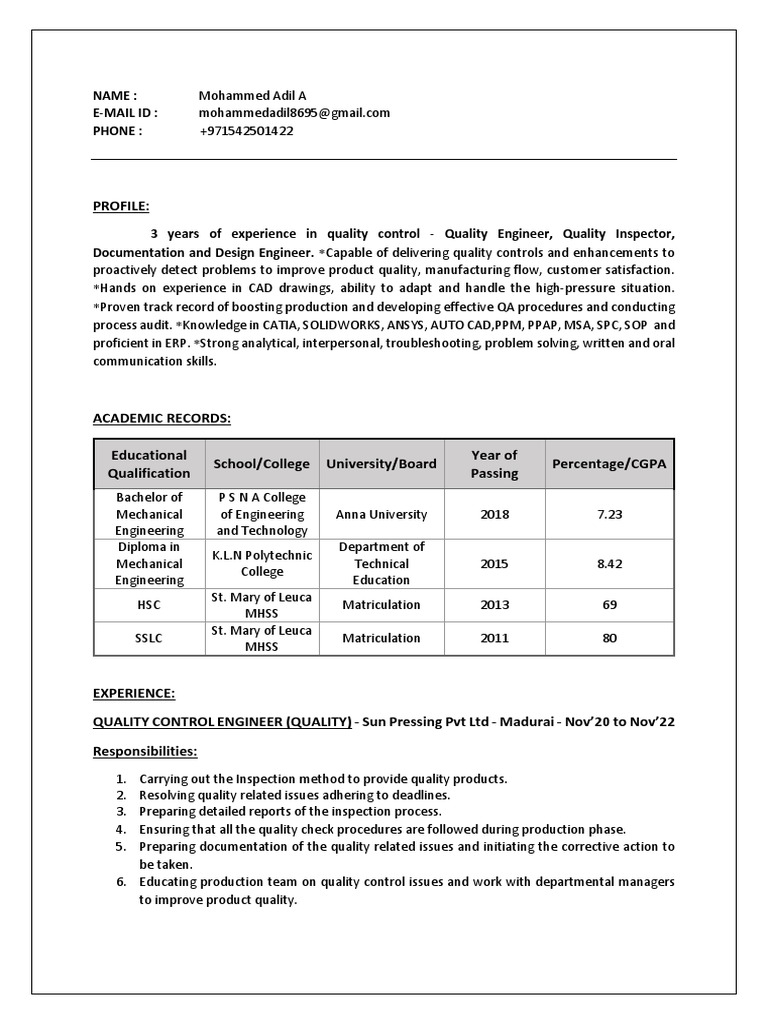 Quality Engineer Resume - 3+ Years Experience | PDF | Programmable Logic Controller | Prototype