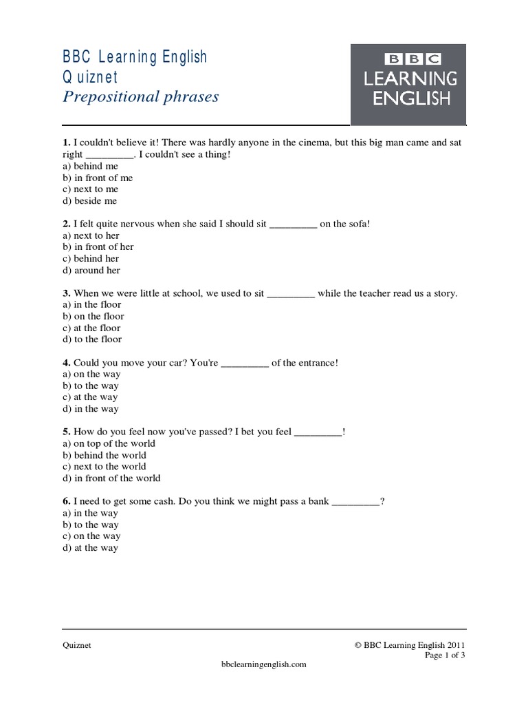 Prepositional Phrases: BBC Learning English Quiznet | PDF | Foreign ...