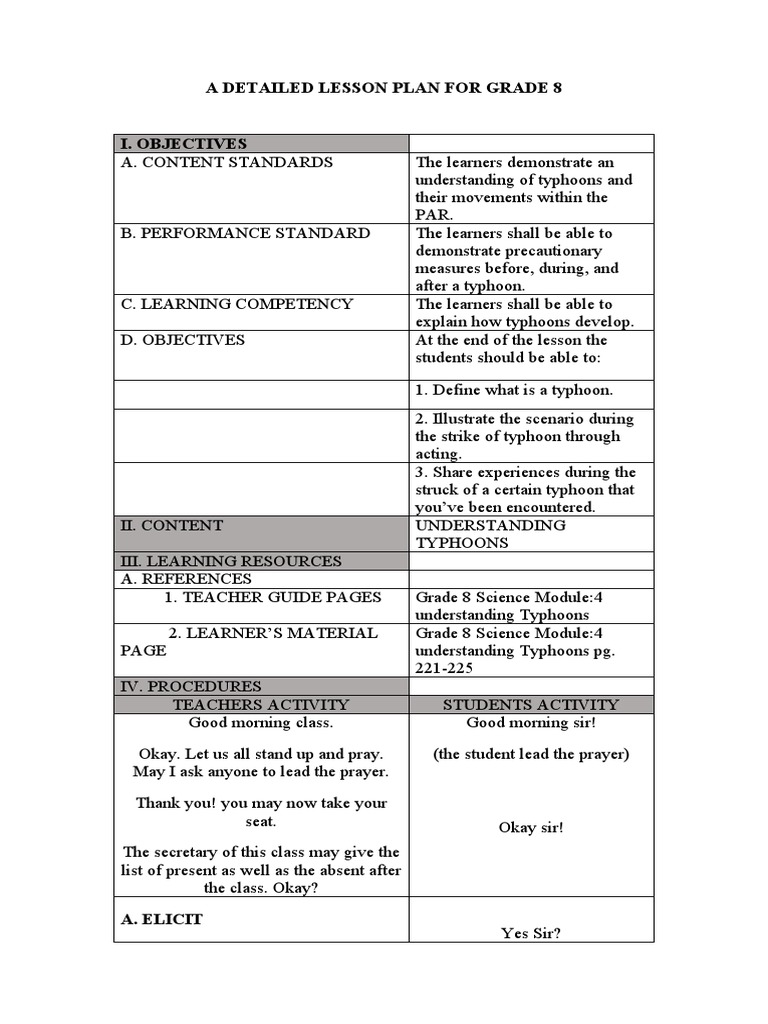 A Detailed Lesson Plan For Grade 8 | PDF | Tropical Cyclones | Learning