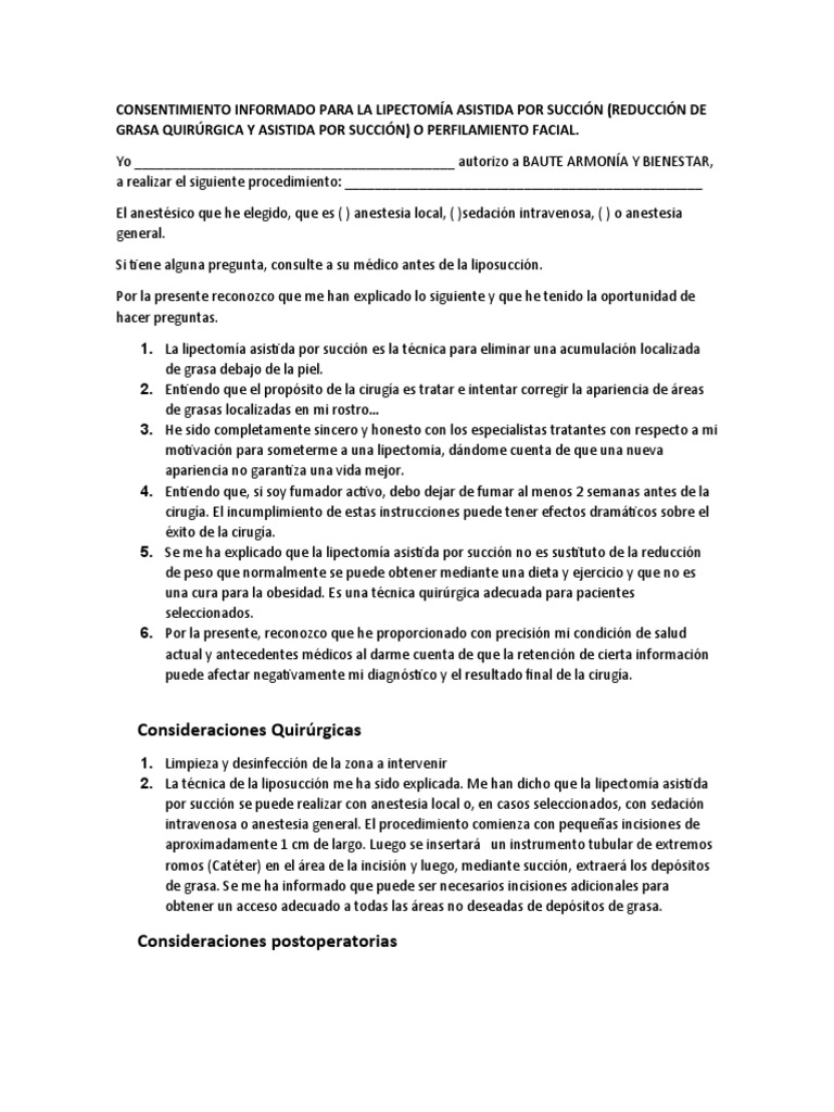 Consentimiento para Lipectomía Asistida | PDF | Cirugía | Anestesia