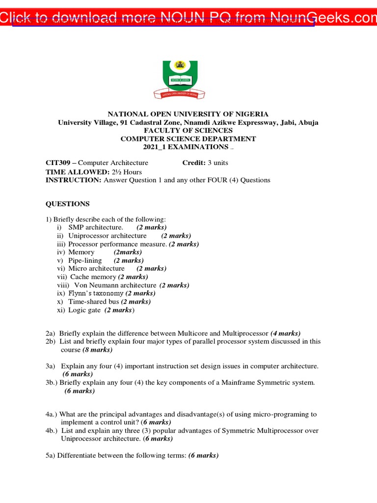 An Exam on Computer Architecture Concepts including SMP, Uniprocessor, and Parallel Processing ...