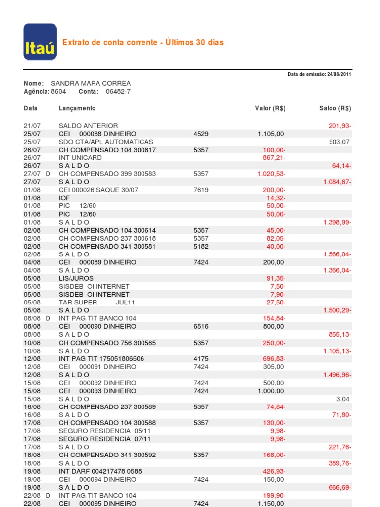 Extrato Bancário - Últimos 30 Dias | PDF | Finanças e Administração de ...