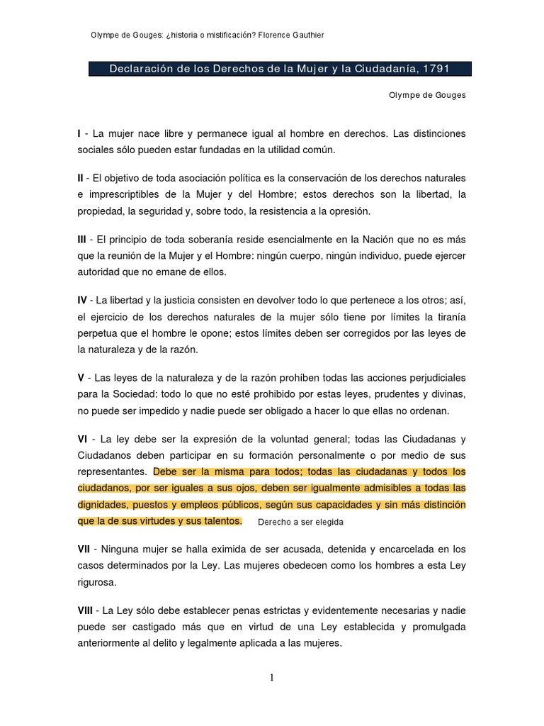 Olympe de Gouges - Declaracion Derechos de La Mujer y La Ciudadana | PDF | Principios éticos ...