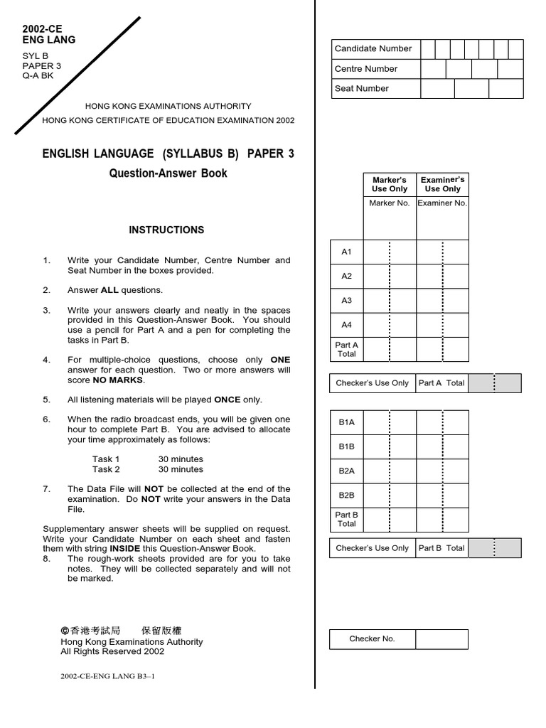 2002 Enlgish Lang Syl.B Paper 3 With Sugg. Ans. & Tapescript PDF | PDF | Consultant