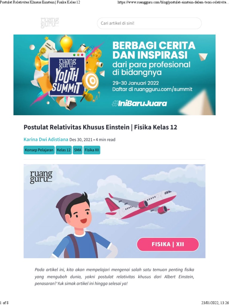 Postulat Relativitas Khusus Einstein Fisika Kelas 12 | PDF