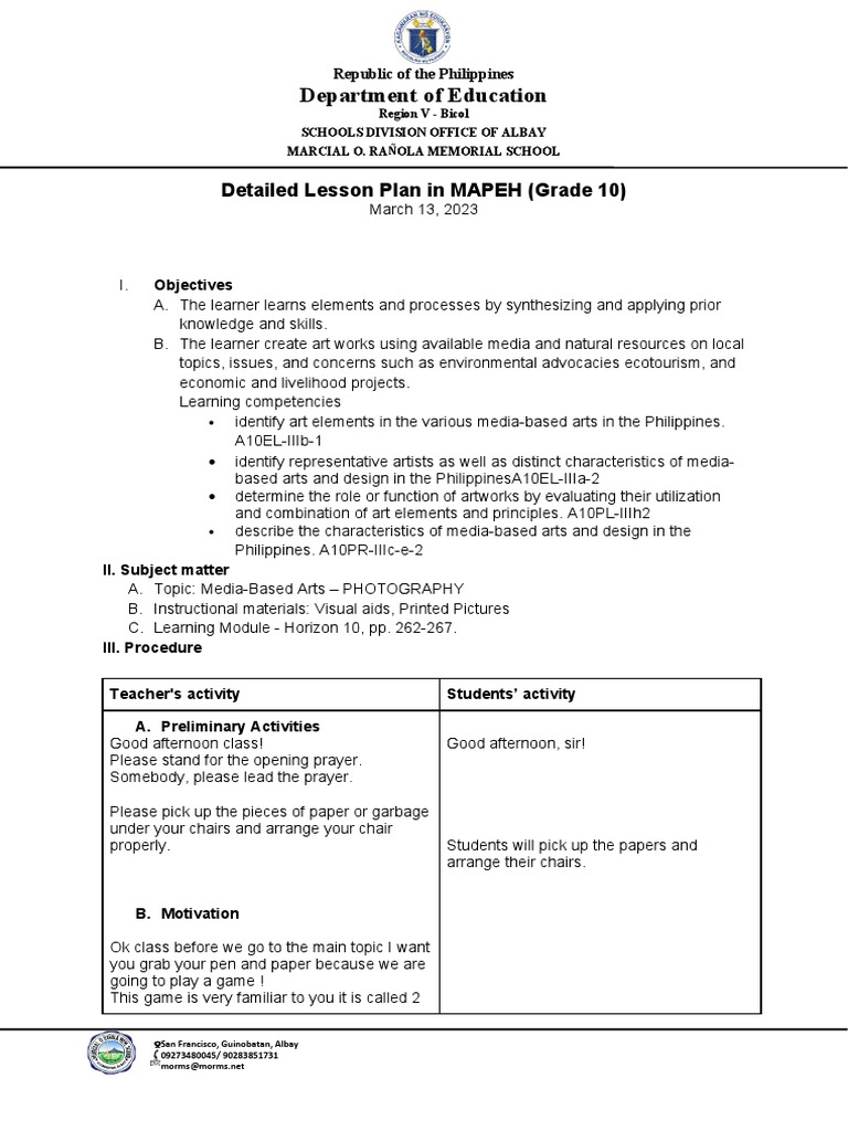 DLP-in-Mapeh-art PHOTOGRAPHY | PDF | Camera | Imaging