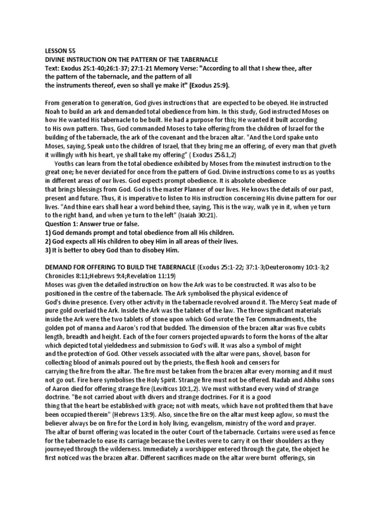 Youth STS Lesson 55 Divine Instruction On The Pattern of The Tabernacle ...
