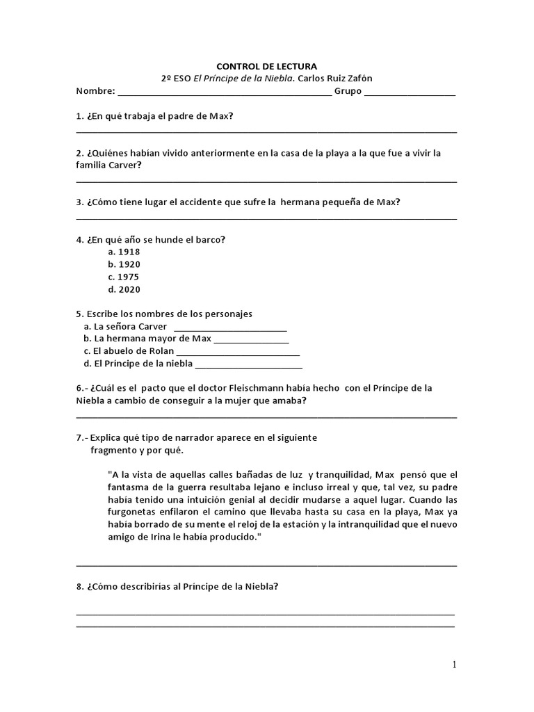 Prueba Lectura El Principe de La Niebla | PDF