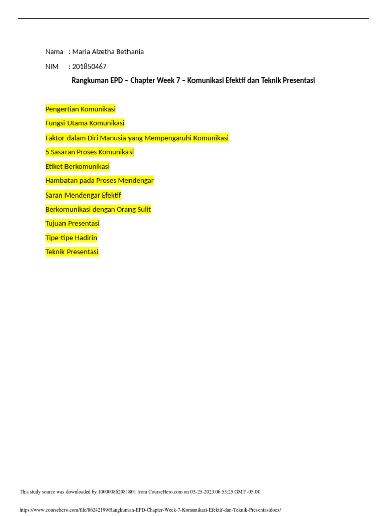 Rangkuman EPD Chapter Week 7 Komunikasi Efektif Dan Teknik Presentasi | PDF