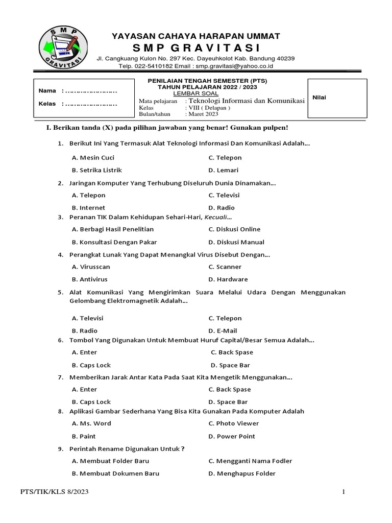 SOAL PTS KLS VIII Tahun 2023 Fix PDF | PDF
