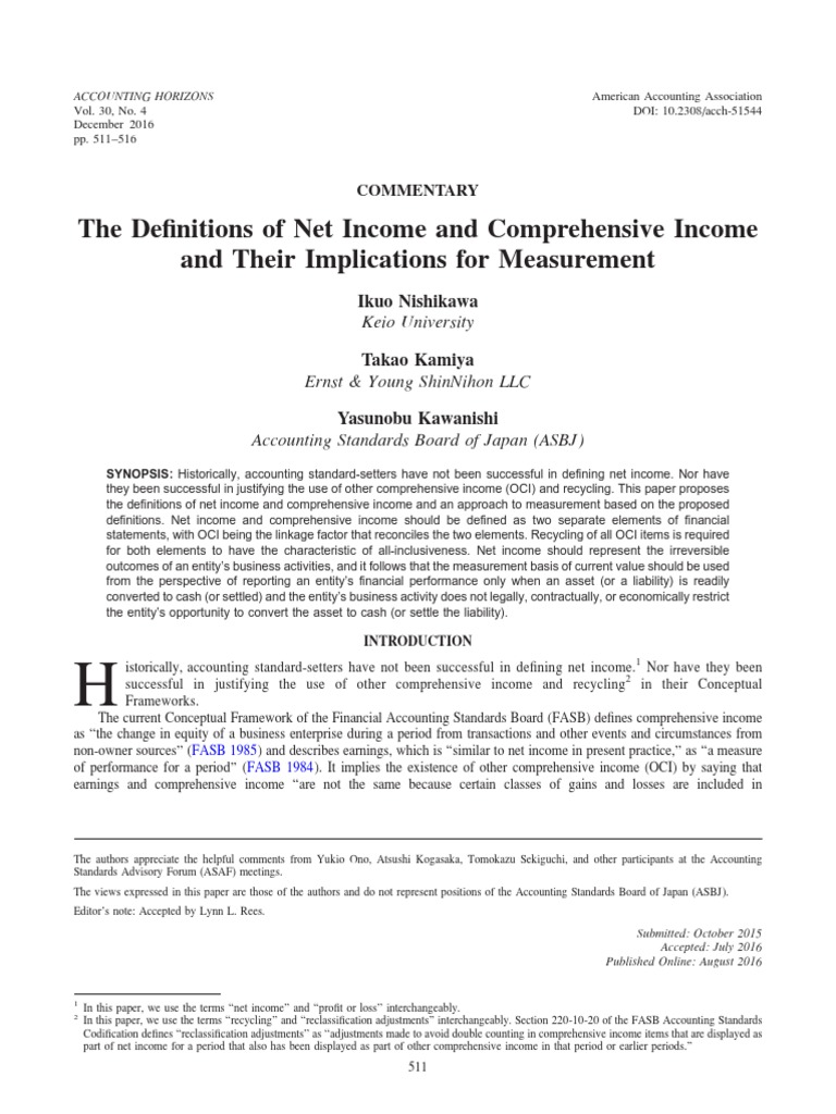 The Definitions of Net Income and Comprehensive Income and Their ...