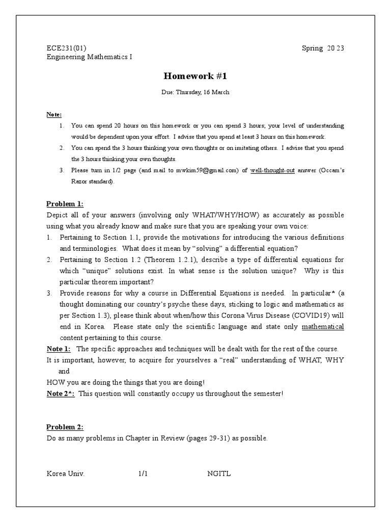 2023 - ECE231 (01) - Engineering Mathematics - HW1 - 230302 | PDF