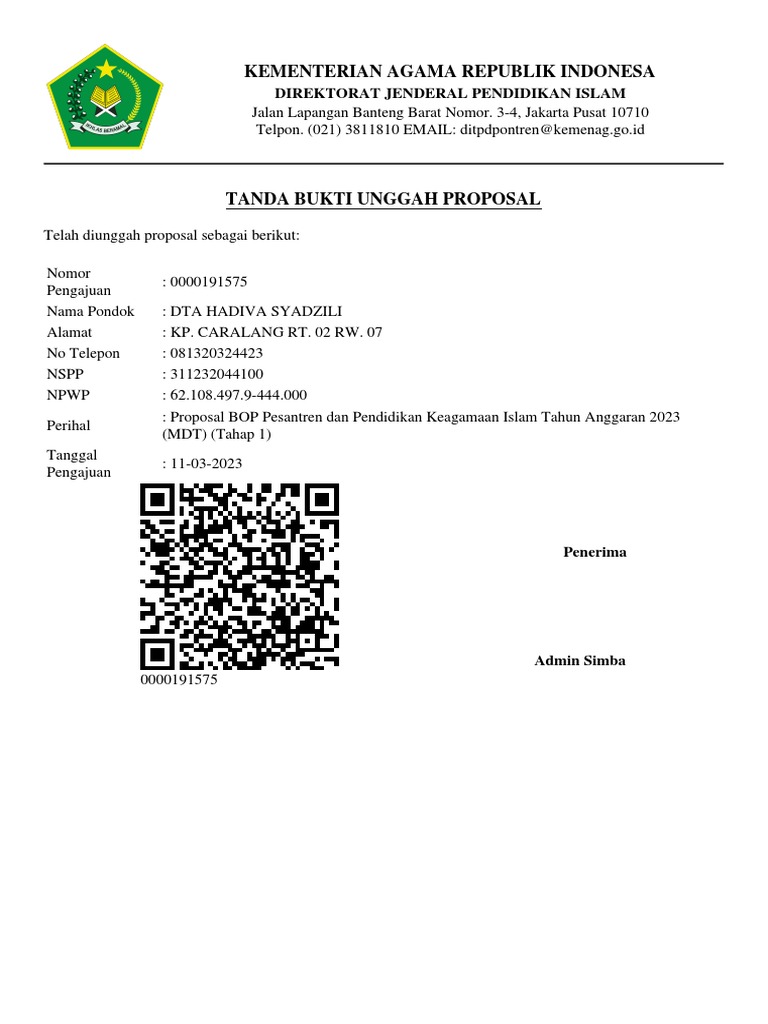 Tanda - Terima - Proposal - BOP Pesantren Dan Pendidikan Keagamaan Islam Tahun Anggaran 2023 ...